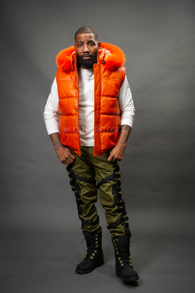 Men s Leather Bubble Vest With Fox Fur Hood Orange LeatherKloset