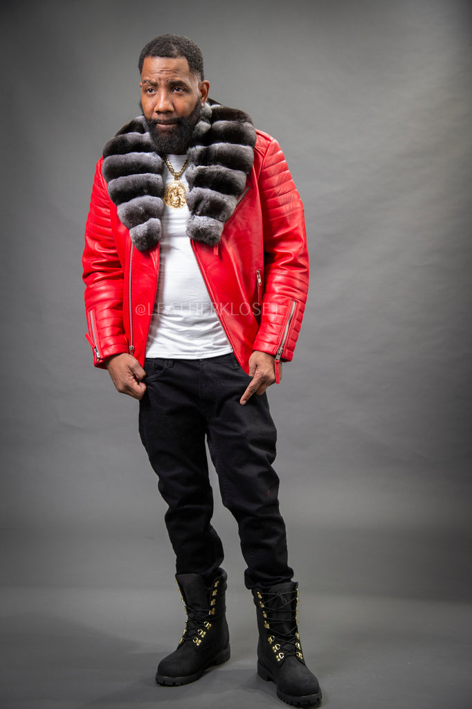 Men's Jay Biker Red Real Chinchilla Collar [Grey Chinchilla] – LeatherKloset