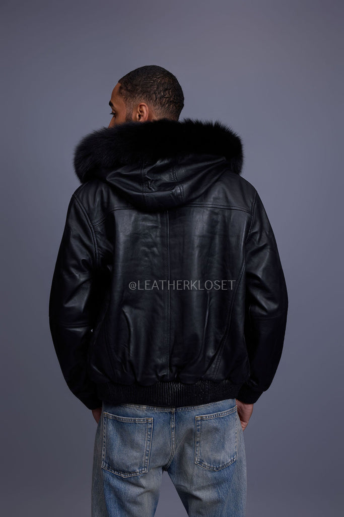 Men's Classic Baseball Jacket With Fox Hood [Black/Black Fox ...