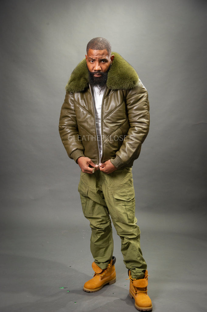 Men's V-Bomber Olive Premium Fox Collar [Olive Fox] – LeatherKloset