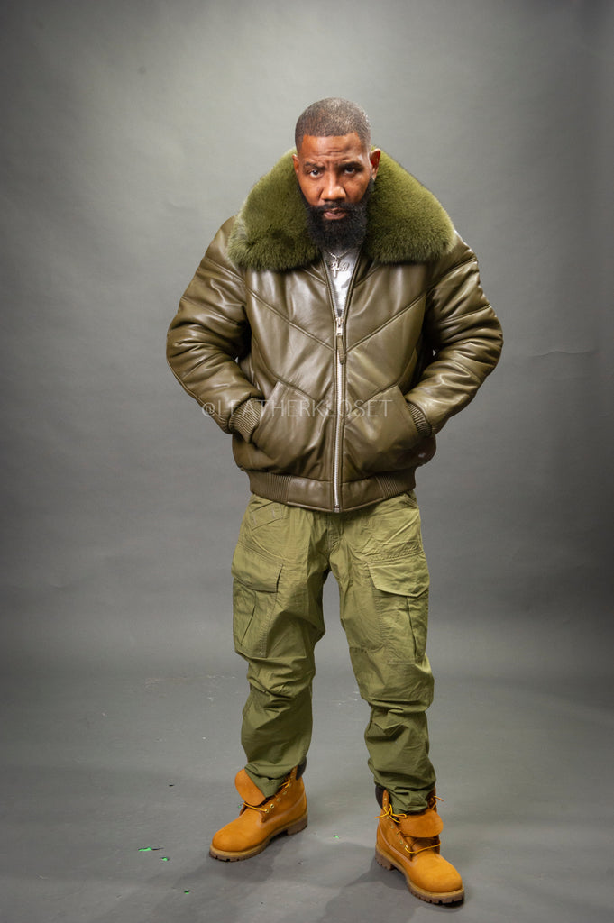 Men's V-Bomber Olive Premium Fox Collar [Olive Fox] – LeatherKloset