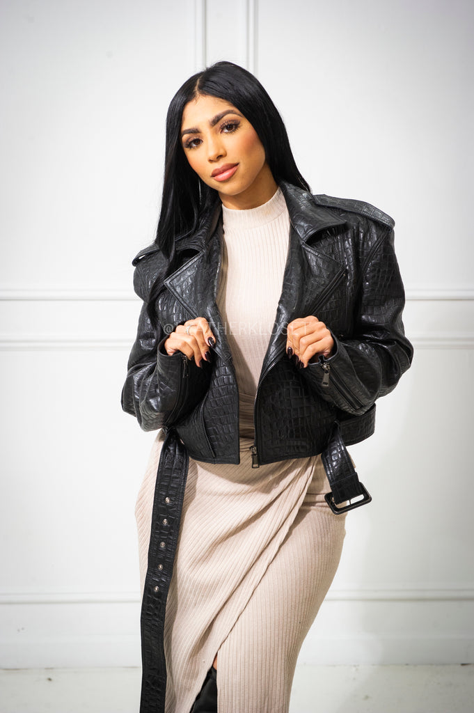Women's Esther Crop Croco Leather Biker Jacket [Black] – LeatherKloset