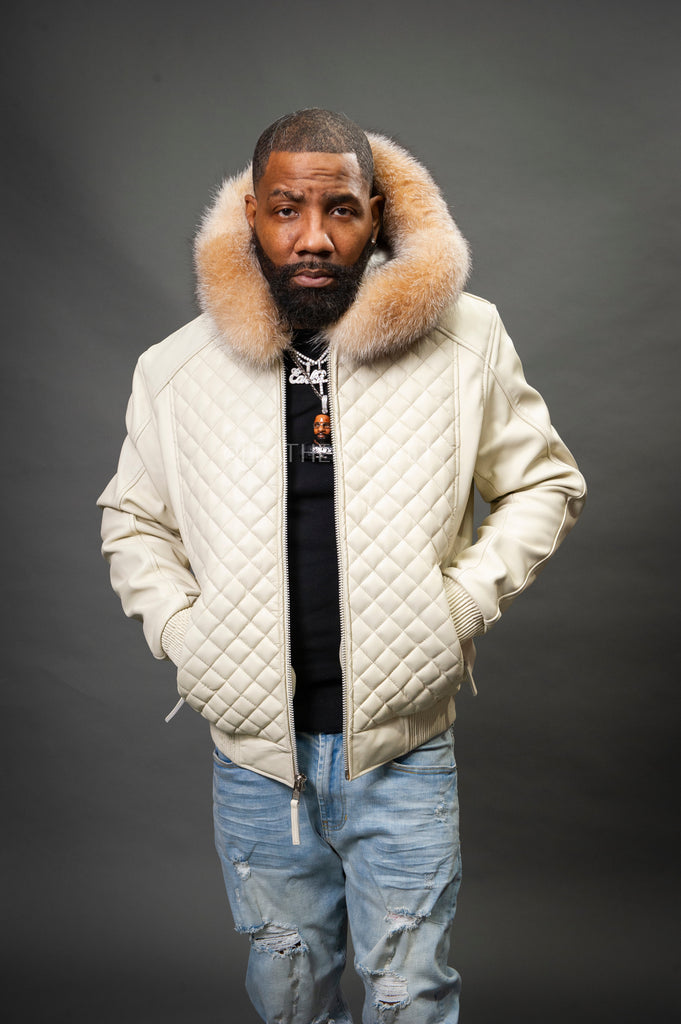 Men's Lucas Quilted Leather Bomber Jacket With Fox Hood [Crystal Fox ...