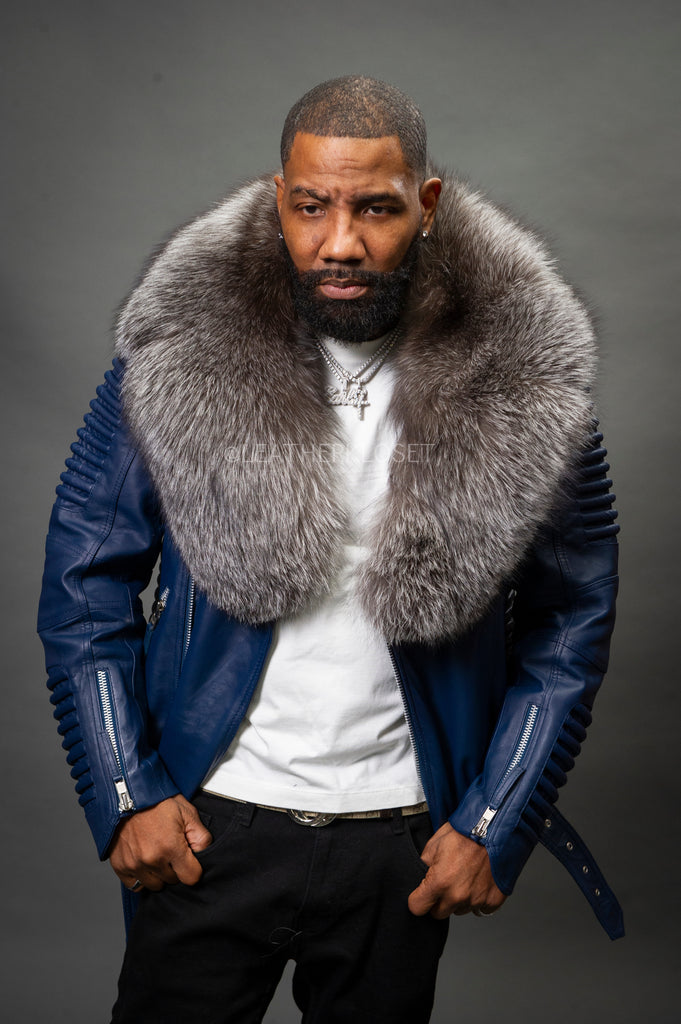 Men's Trey Biker Navy Full Fox Fur Collar [Silver Fox] – LeatherKloset