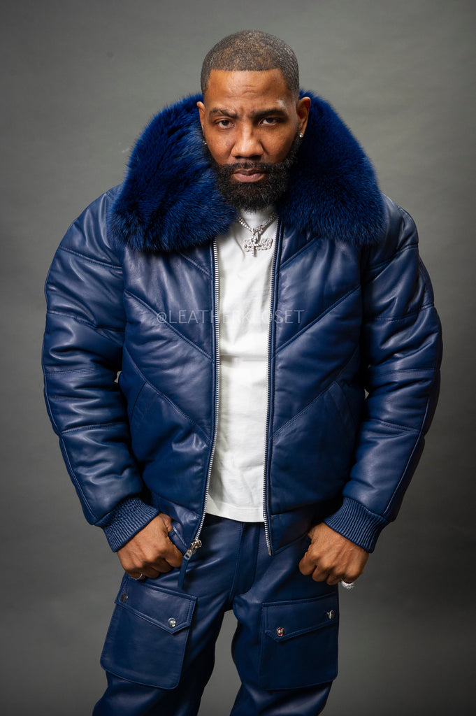 Men's V-Bomber Navy Premium Fox Collar [Navy Fox] – LeatherKloset