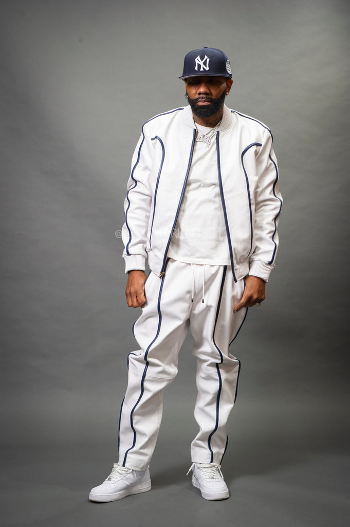 Men's Brayden Leather Track Suit Sweatsuit [White/Navy] – LeatherKloset
