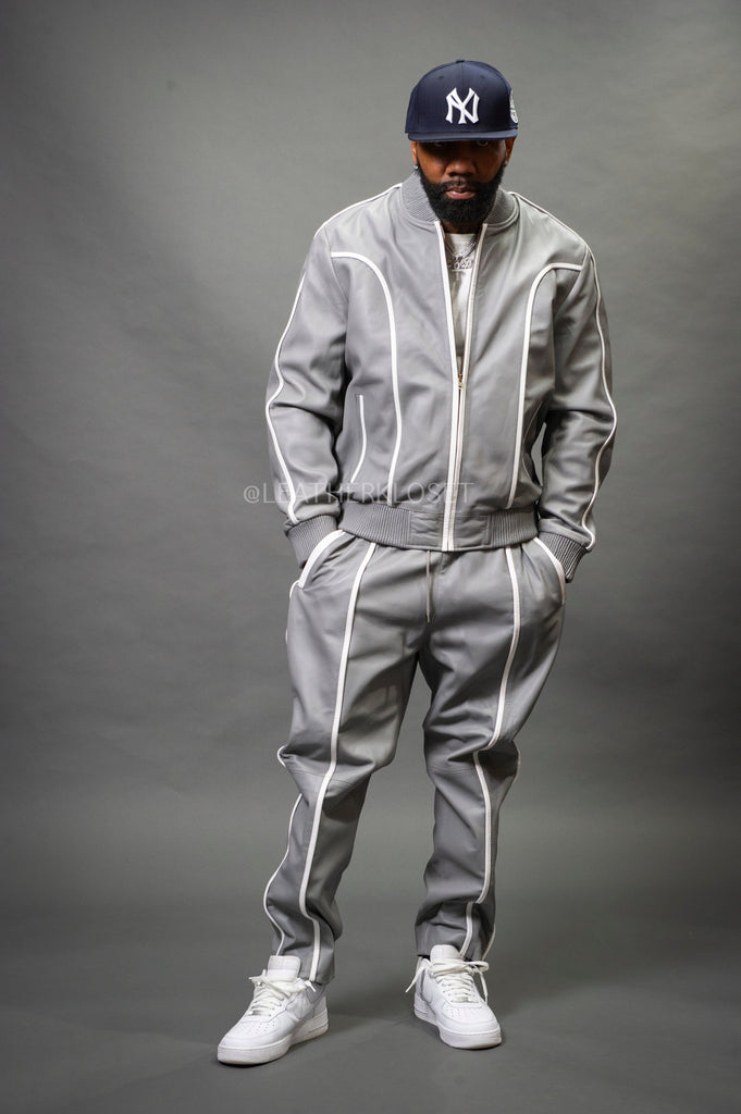 Men's Brayden Leather Track Suit Sweatsuit [Grey/White] – LeatherKloset
