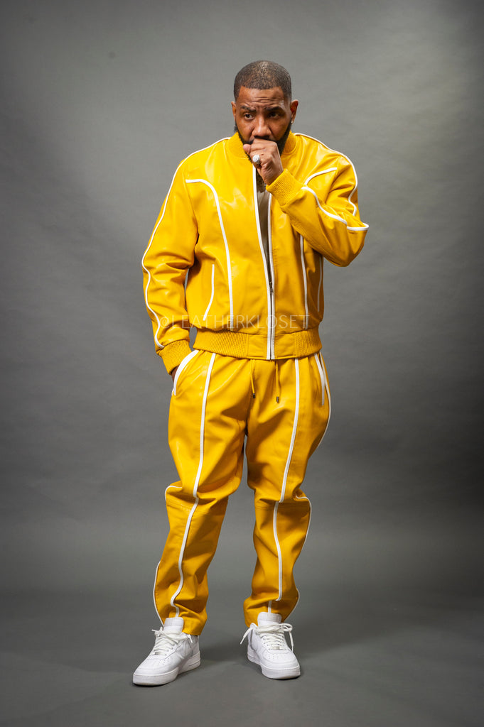 Men's Brayden Leather Track Suit Sweatsuit [Yellow/White] – LeatherKloset
