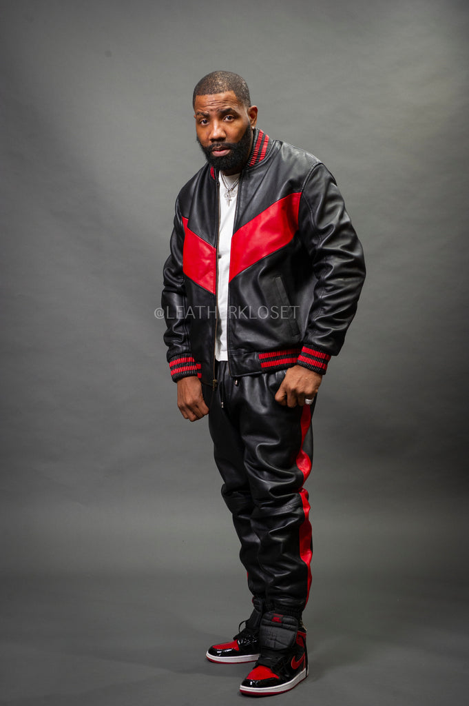Men's V-Baseball Leather Track Suit Sweatsuit [Black/Red] – LeatherKloset
