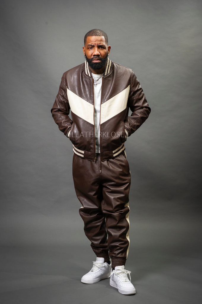 Men's V-Baseball Leather Track Suit Sweatsuit [Chocolate/Beige ...