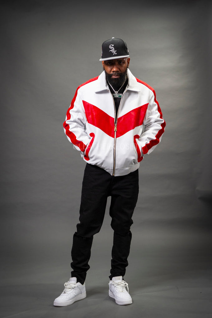 Men's V-Baseball Bomber Pony Leather Jacket [White/Red] – LeatherKloset