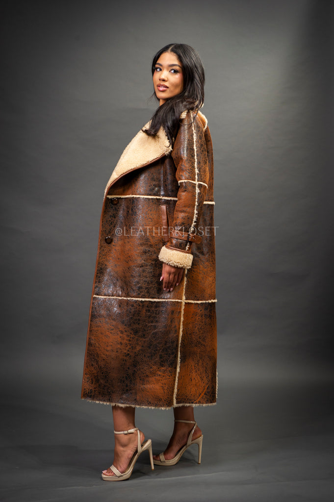 Women's Trinity Full Length Real Sheepskin Trench Coat [Distressed Bro ...