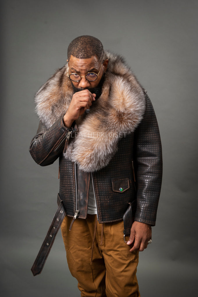 Men's Box Biker Brown Copper Leather Full Fox Fur Collar [Slim-Fit ...
