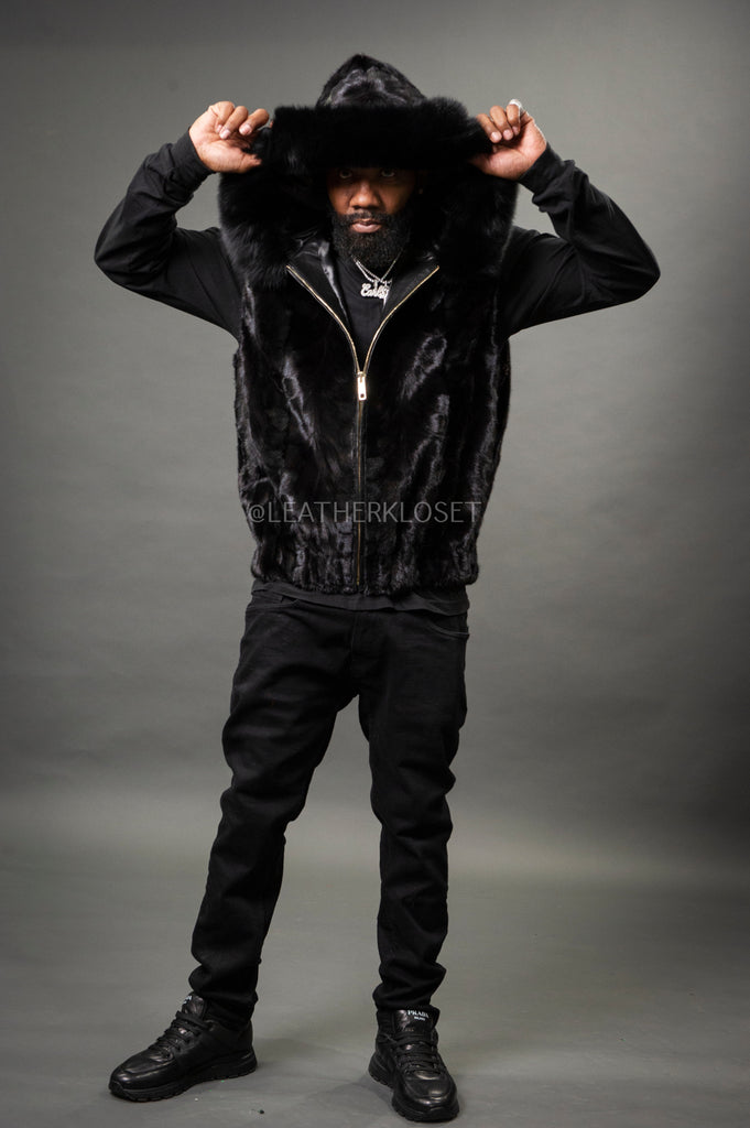 Men's Mink Bomber Vest With Fox Hood [Black] – LeatherKloset
