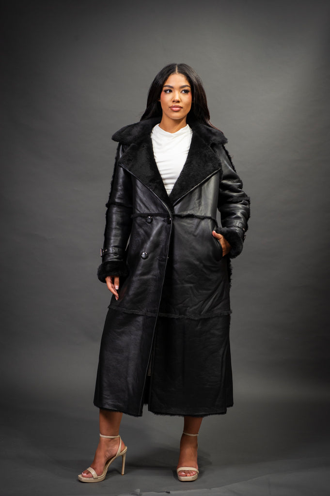 Women's Trinity Full Length Real Sheepskin Trench Coat [Black ...