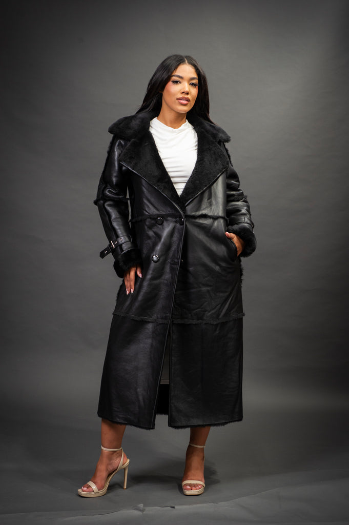 Women's Trinity Full Length Real Sheepskin Trench Coat [Black ...