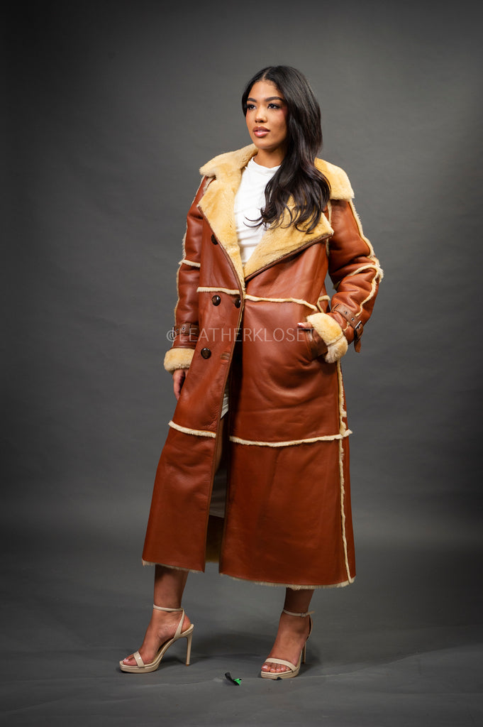 Women's Trinity Full Length Real Sheepskin Trench Coat [Tan ...