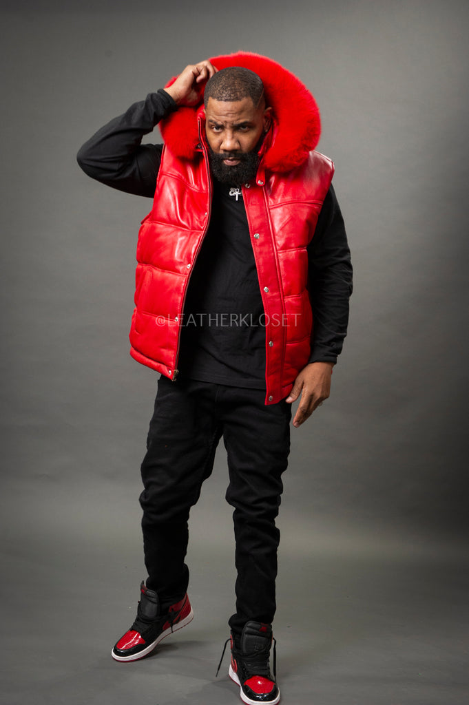 Men's Leather Bubble Vest With Premium Fox Fur Hood [Red Fox ...