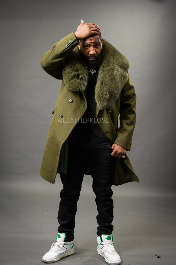 Men's Cashmere Trench Coat Olive With Fox Collar [Olive Fox ...