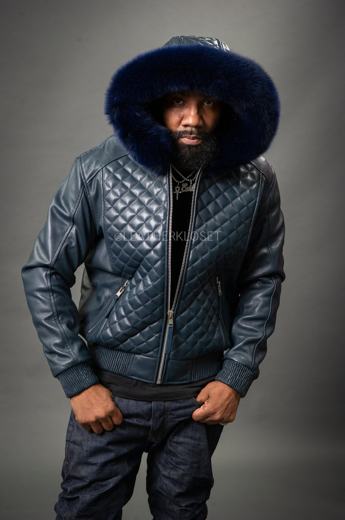 Men's Lucas Quilted Leather Bomber Jacket With Fox Hood [Navy ...