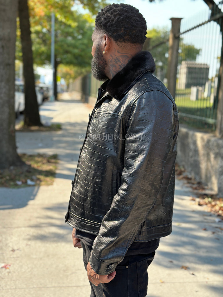 Men's Teddy Croco Stamped Leather Jacket [Black] – LeatherKloset