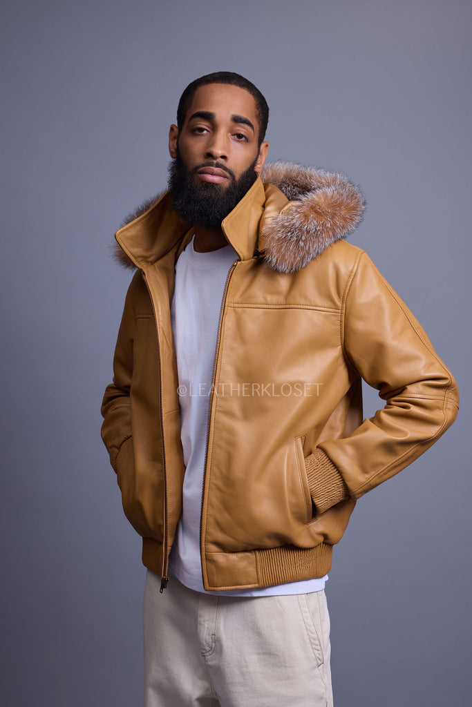 Men's Classic Baseball Jacket With Fox Hood [Wheat/Crystal Fox ...
