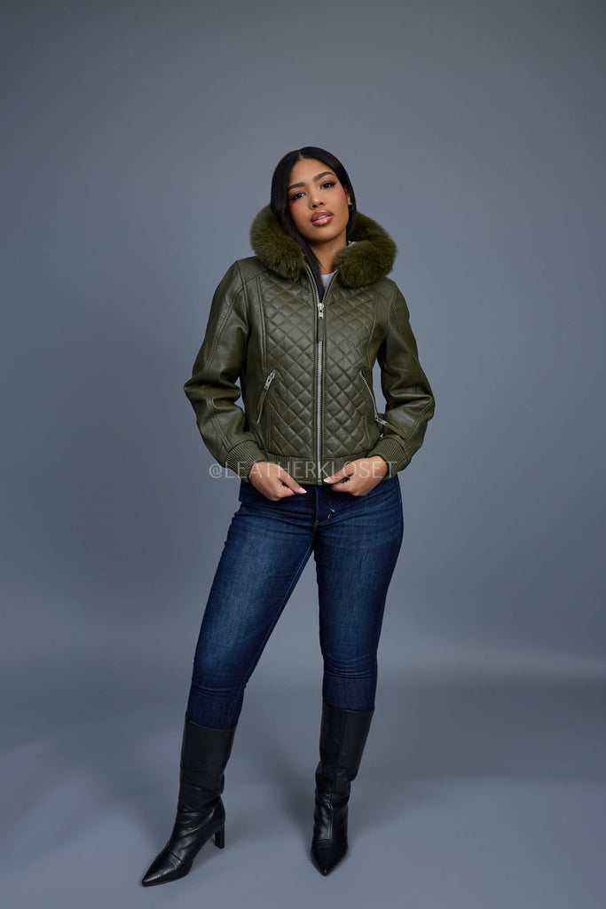 Women's Lucas Jacket With Premium Fox Fur Hood [Olive] – LeatherKloset