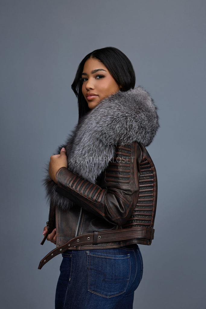 Women's Trey Biker Brown Copper Oversized Fox Collar [Silver ...