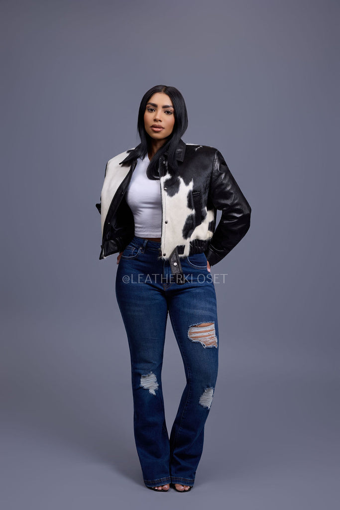 Women's Evie Cropped Pony And Leather Bomber Jacket [Black/Beige ...