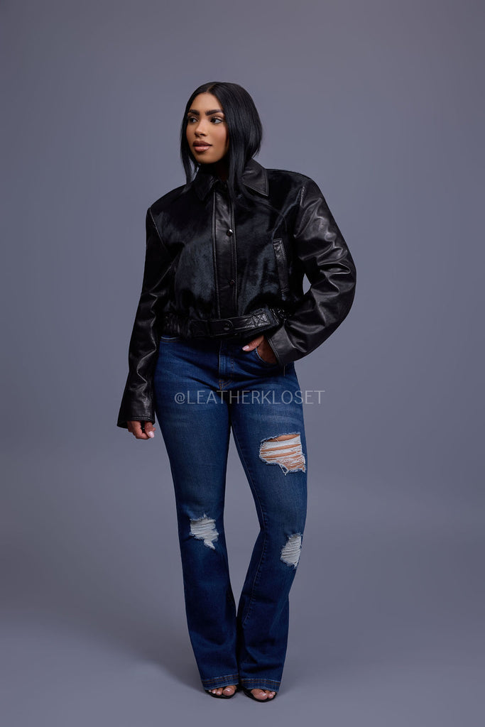 Women's Evie Cropped Pony And Leather Bomber Jacket [Black/Black ...
