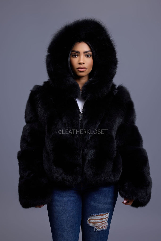 Women's Pippa Fox Bomber With Hood [Black] – LeatherKloset