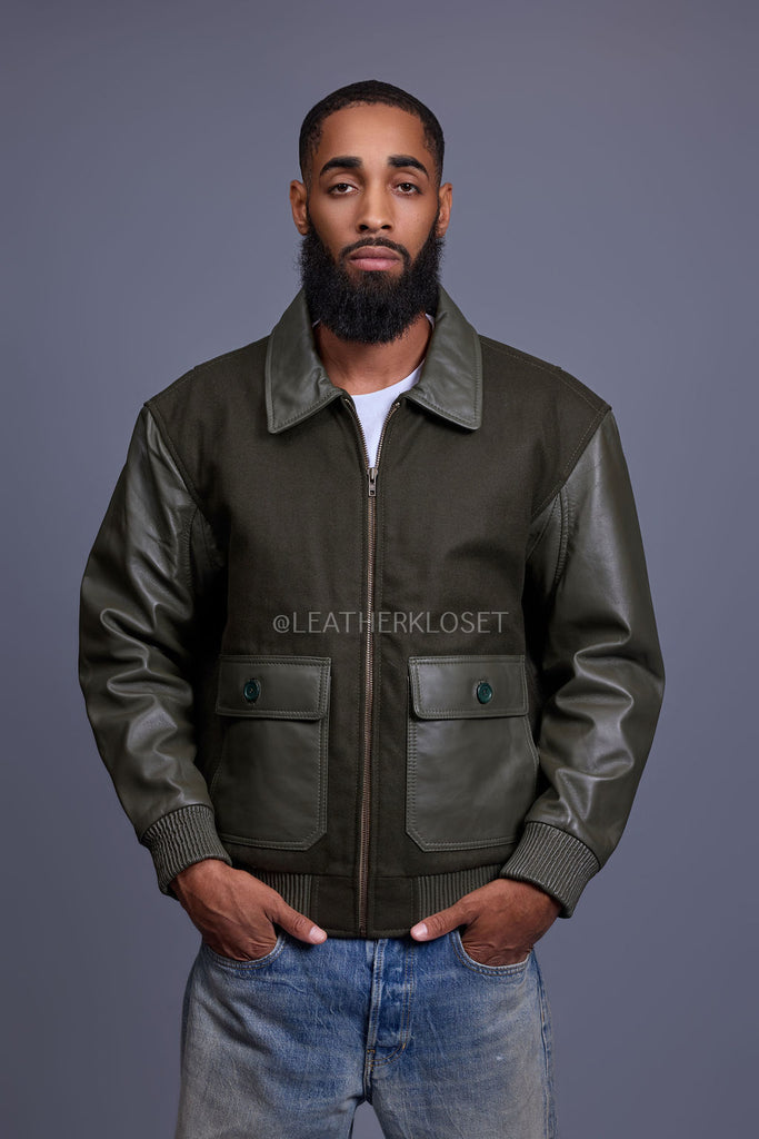 Men's Wool And Leather Pilot Jacket [Olive] – LeatherKloset