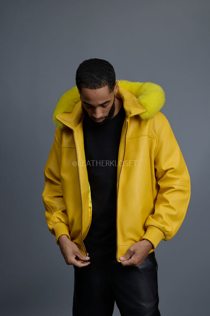 Men's Classic Baseball Jacket With Fox Hood [Yellow] – LeatherKloset