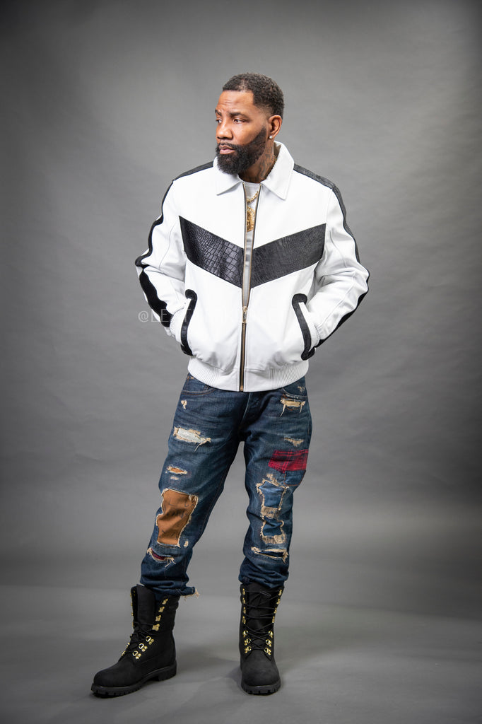 Men's V-Baseball Bomber Pony Leather Jacket [Black/White] – LeatherKloset