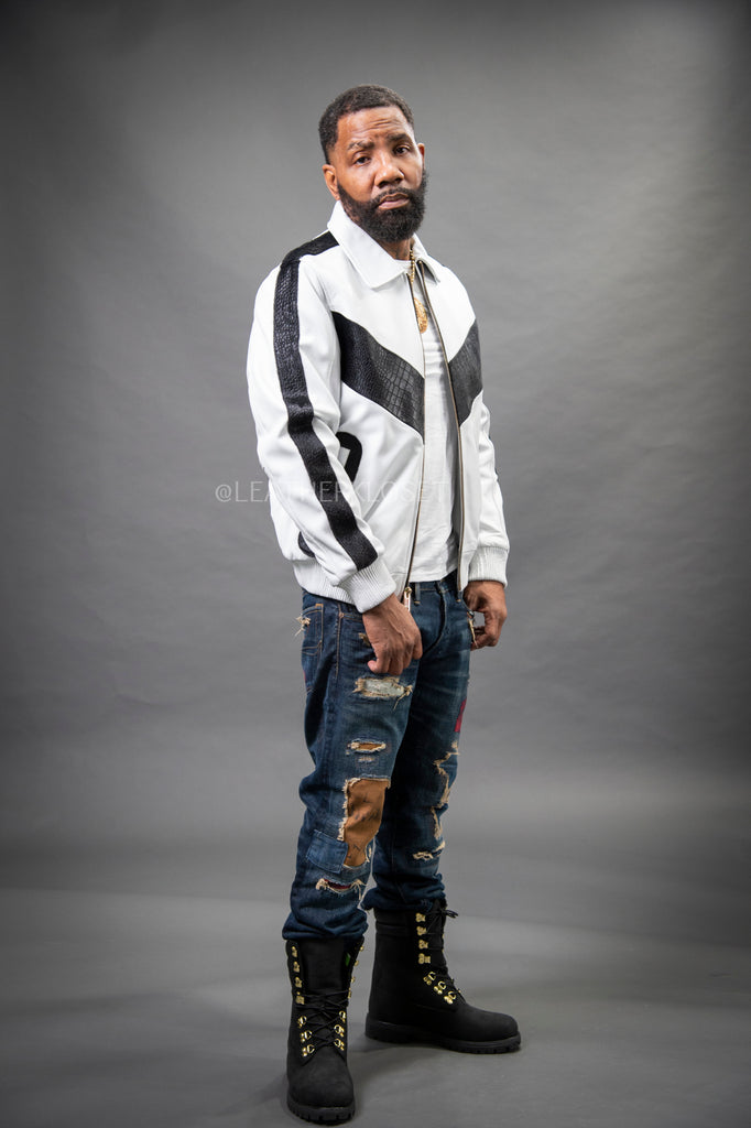 Men's V-Baseball Bomber Pony Leather Jacket [Black/White] – LeatherKloset