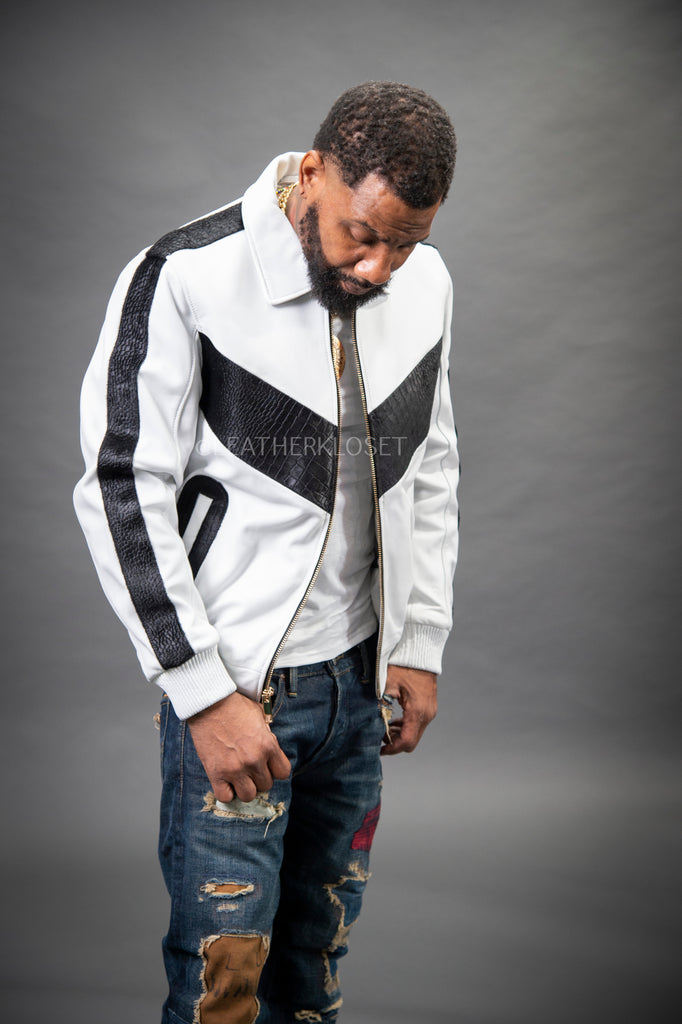 Men's V-Baseball Bomber Pony Leather Jacket [Black/White] – LeatherKloset