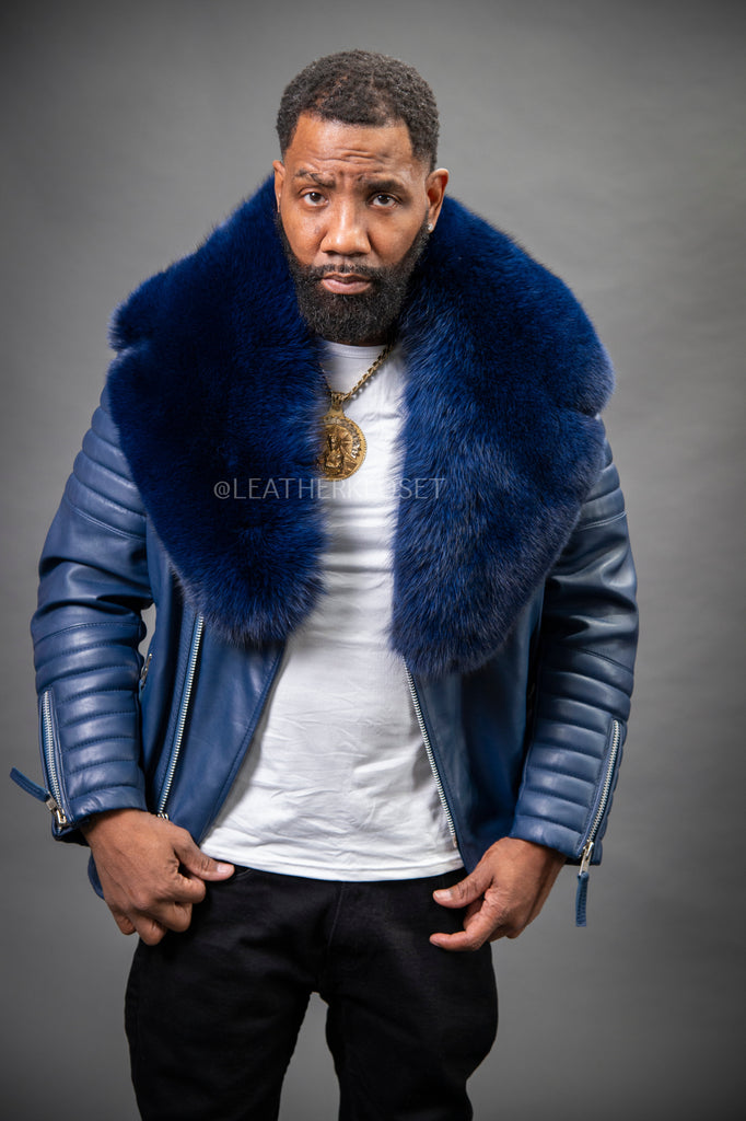 Men's Jay Biker Navy With Full Fox Fur Collar [Navy] – LeatherKloset
