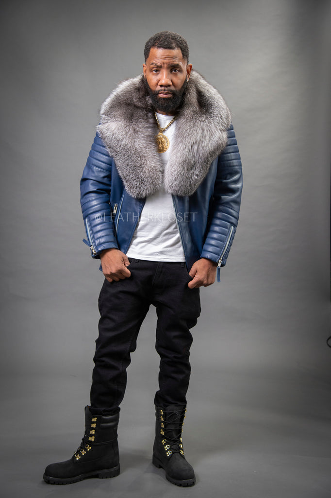 Men's Jay Biker Navy With Full Fox Fur Collar [Silver Fox] – LeatherKloset