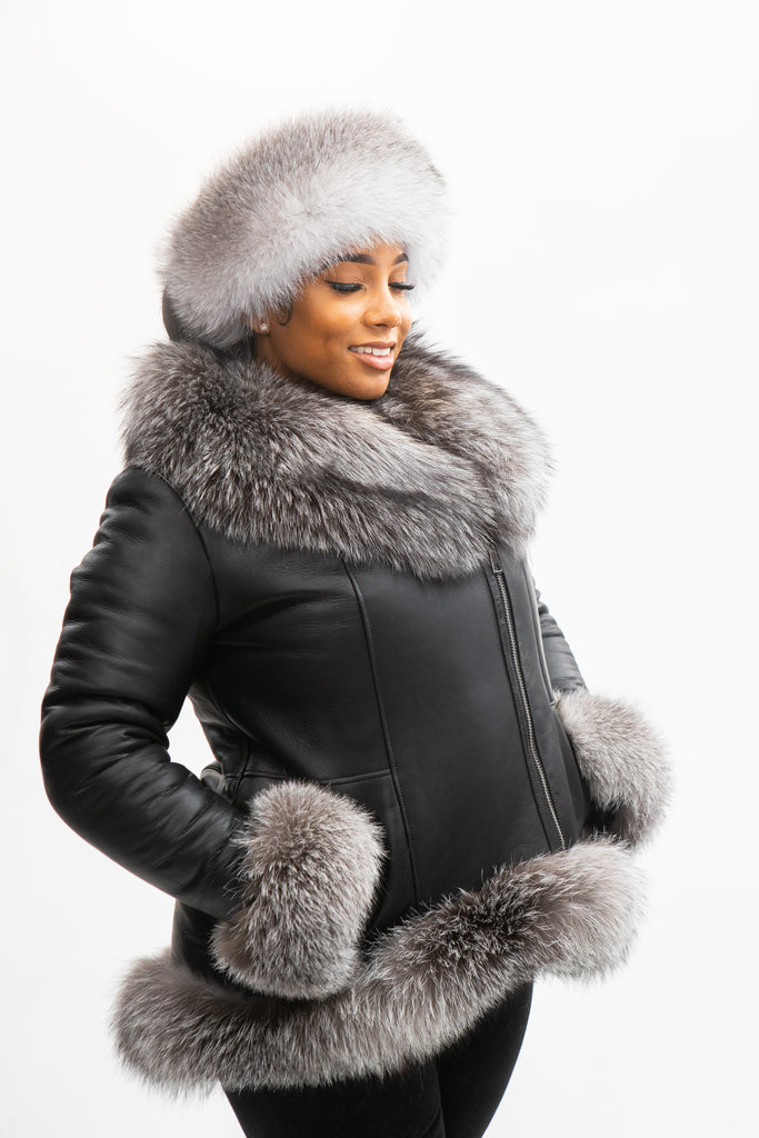 Women's Amber Shearling Sheepskin Jacket With Fox [Black/Silver ...