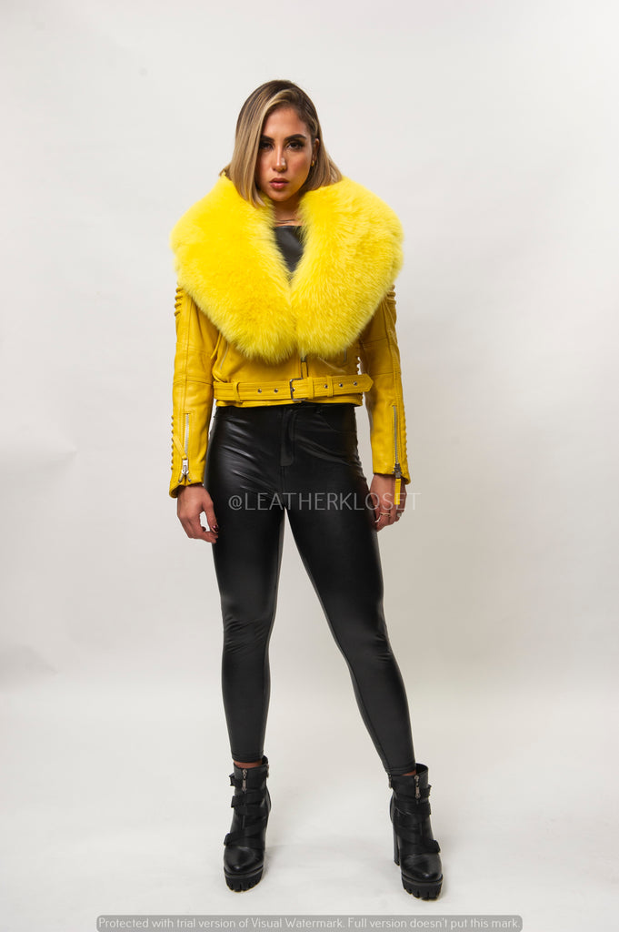 Women's Trey Biker Yellow Oversized Fox Collar [Yellow Fox Fur ...