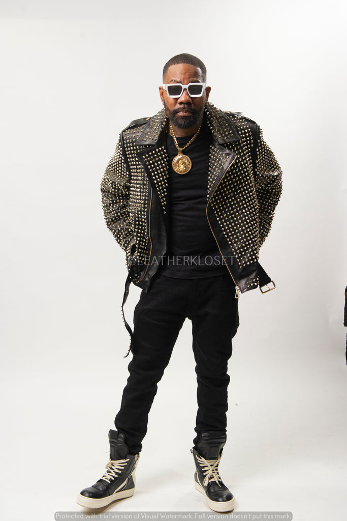 Men's Fully Studded Biker Jacket [Black/Gold] – LeatherKloset