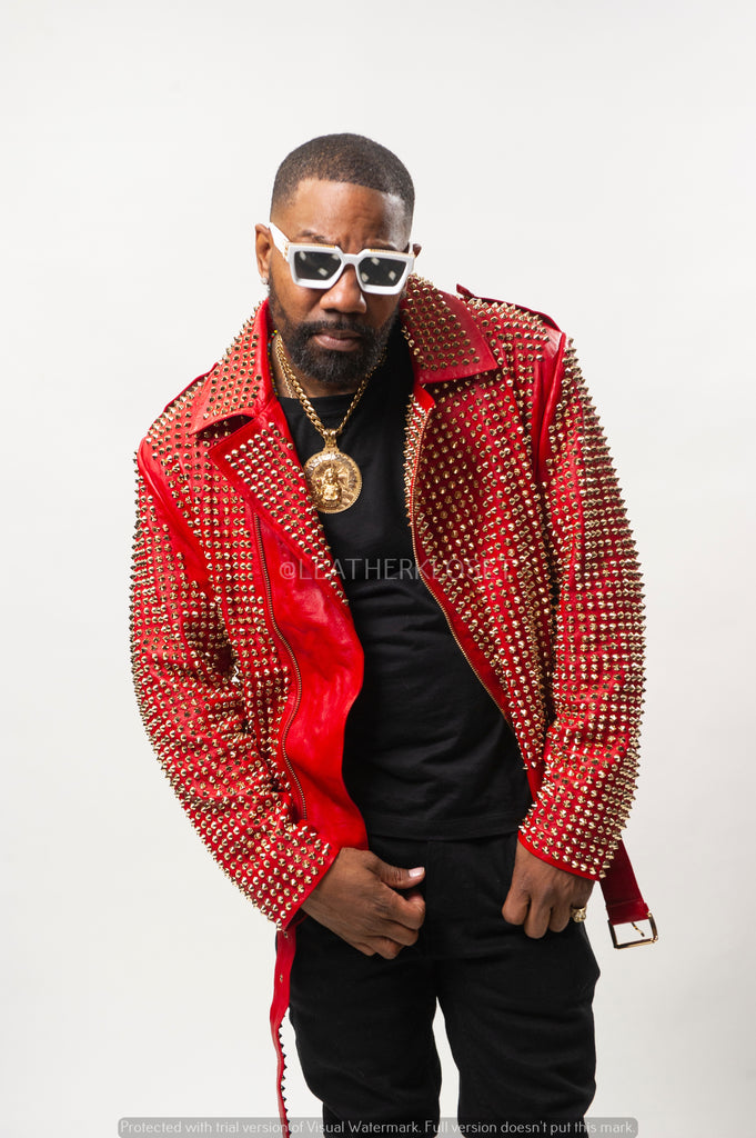 Men's Fully Studded Biker Jacket [Red/Gold] – LeatherKloset