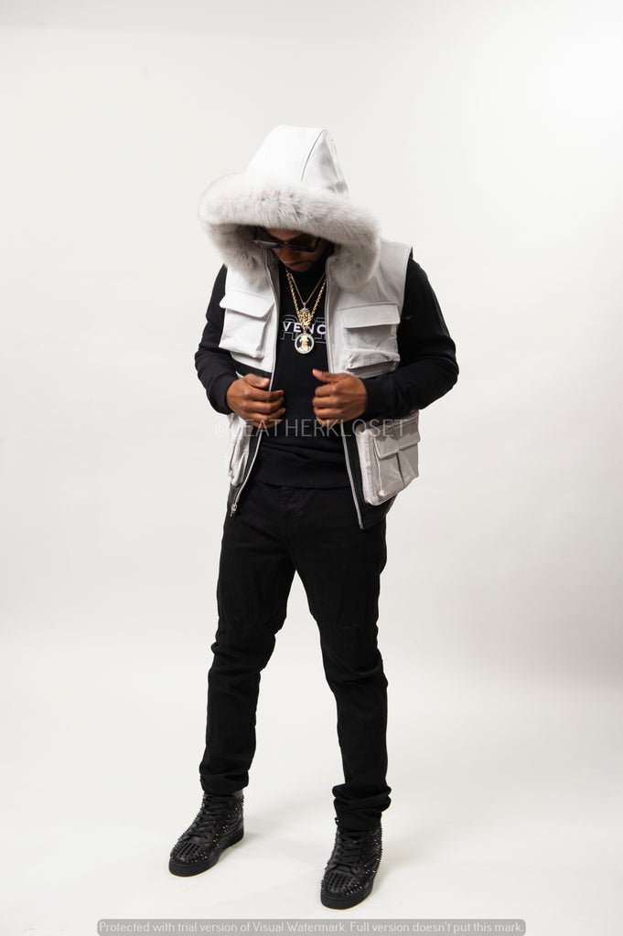 Men's Leather Hunting Vest With Fox Hood Black/White [Slim-Cut ...