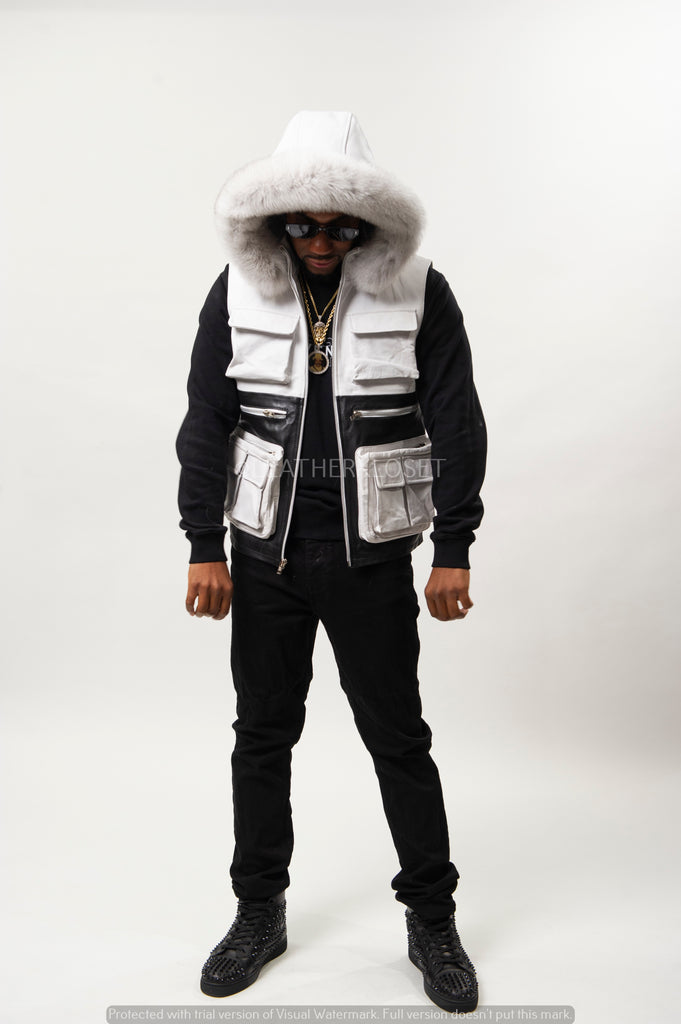 Men's Leather Hunting Vest With Fox Hood Black/White [Slim-Cut ...