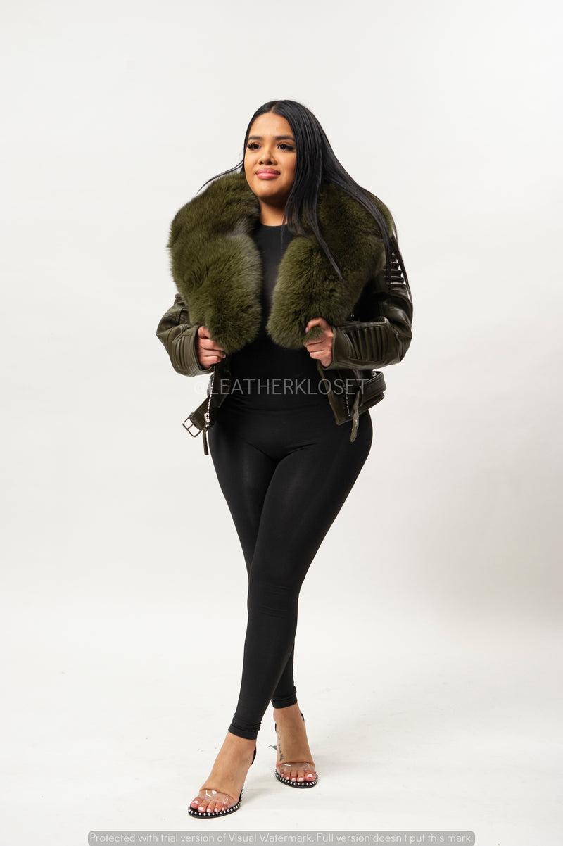 Women's Trey Biker Olive Oversized Fox Collar [Olive Fox Fur ...