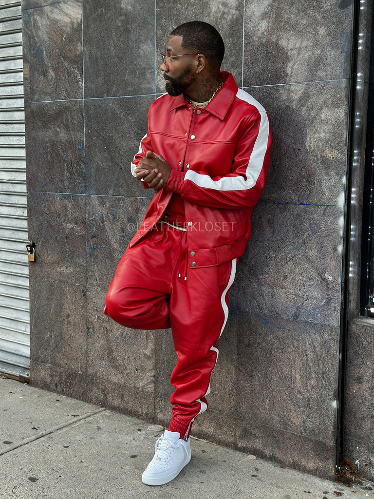 Men's Leather Track Suit Sweatsuit [Red/White] – LeatherKloset
