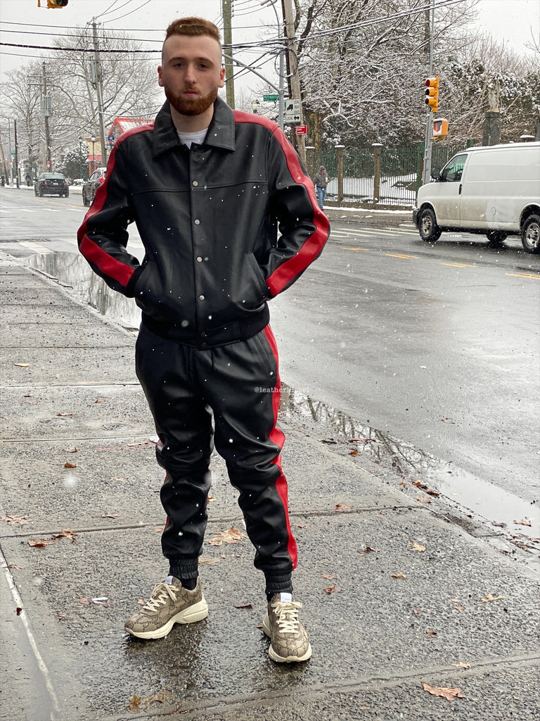 Men's Leather Track Suit Sweatsuit [Black/Red] – LeatherKloset