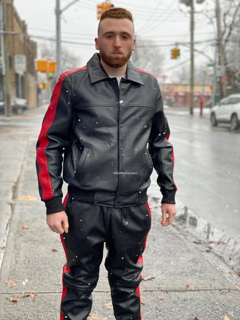 Men's Leather Track Suit Sweatsuit [Black/Red] – LeatherKloset