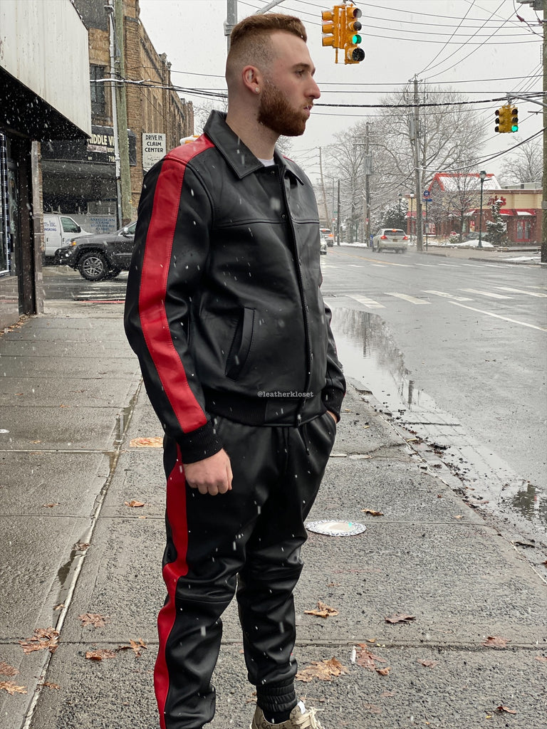 Men's Leather Track Suit Sweatsuit [Black/Red] – LeatherKloset