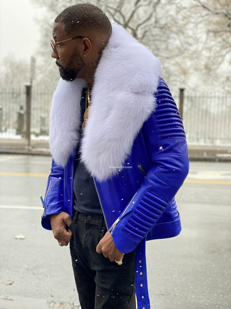 Men's Trey Biker Royal Blue Leather Full Fox Fur Collar [White Fox ...